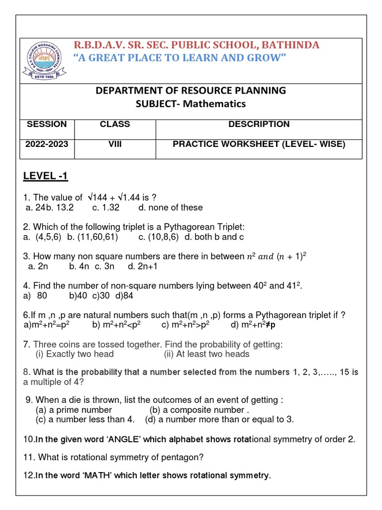 Practice Worksheet Class 8 Mathematics | PDF | Area | Volume