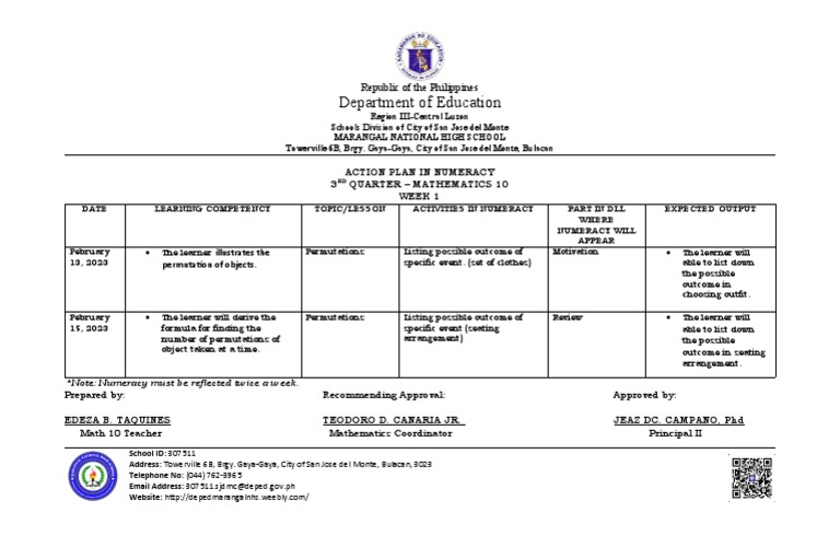 Action Plan in Numeracy | PDF | Mathematics | Teaching