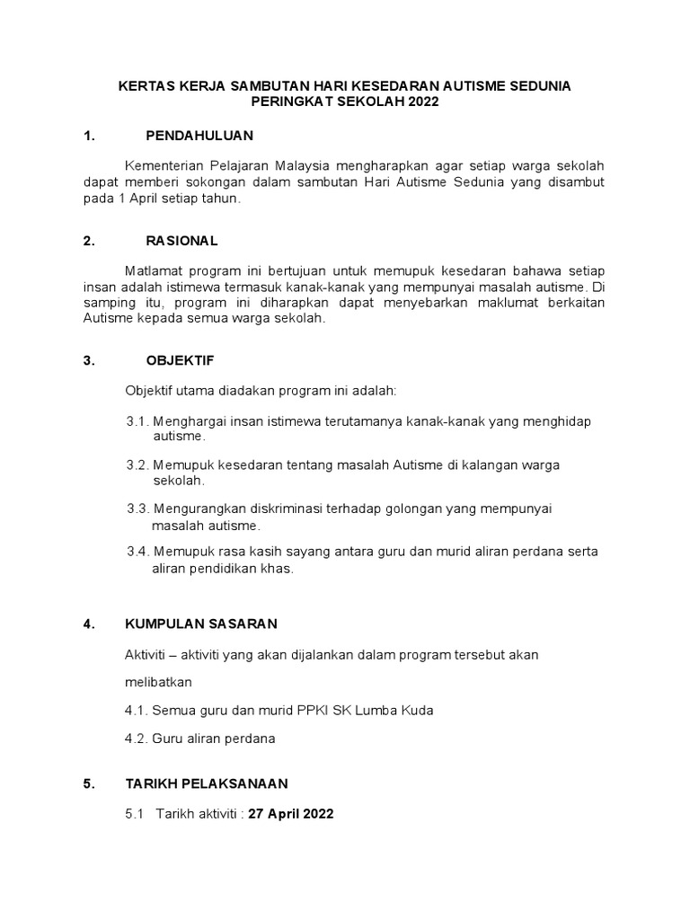 Kertas Kerja Sambutan Hari Kesedaran Aut | PDF
