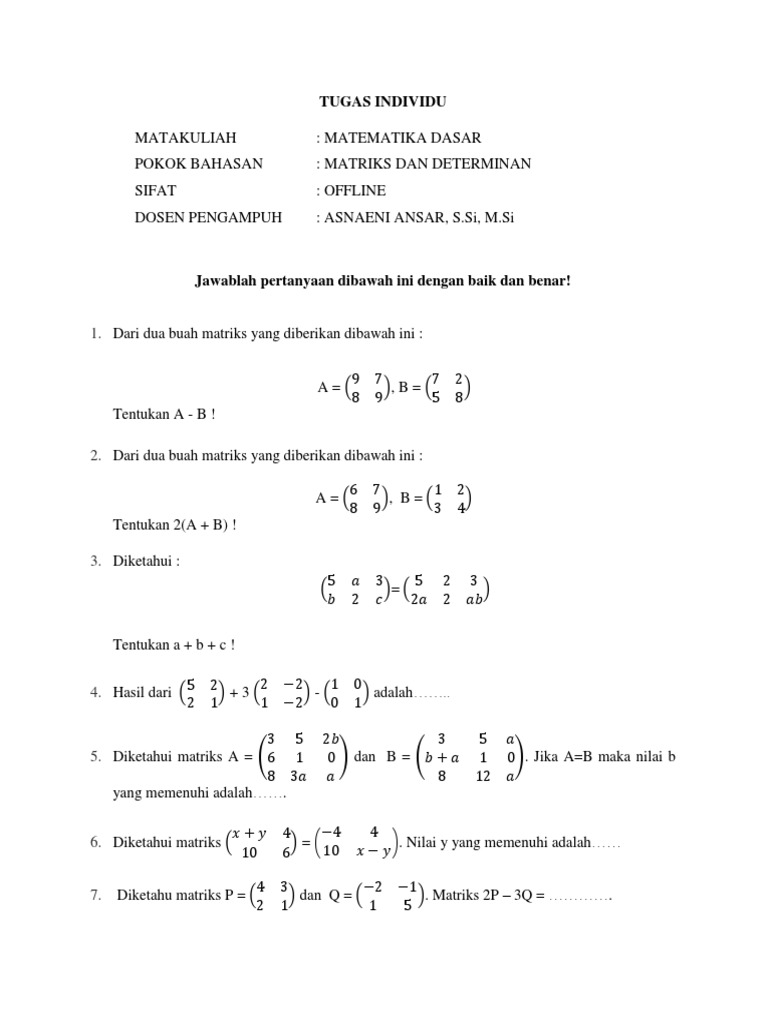 Tugas Matriks Dan Determinan | PDF | Sains & Matematika