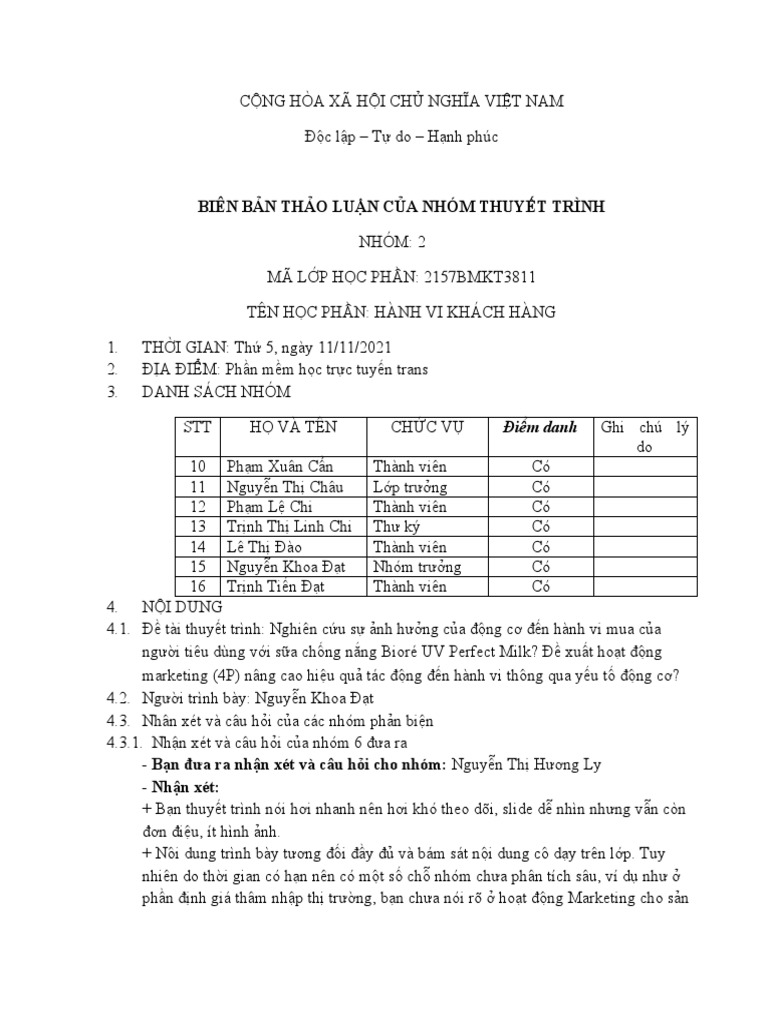 Biên bản thảo luận của nhóm thuyết trình HVKH buổi 1 - nhóm 2 | PDF