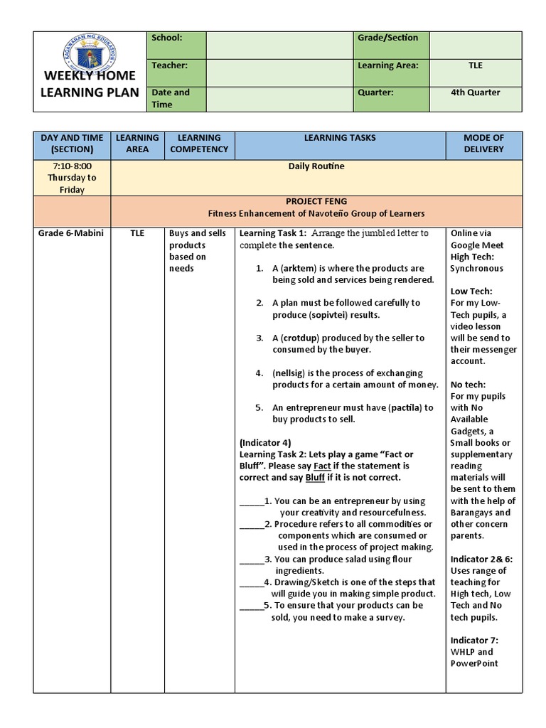 Grade 6 TLE Home Economics Plan | PDF | Economies | Cognition