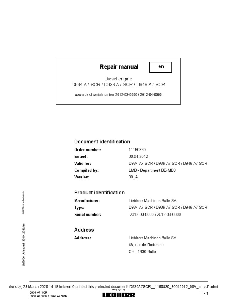 Liebherr Diesel Engine D934 D936 D946 A7 SCR Repair Manual - EN | PDF ...