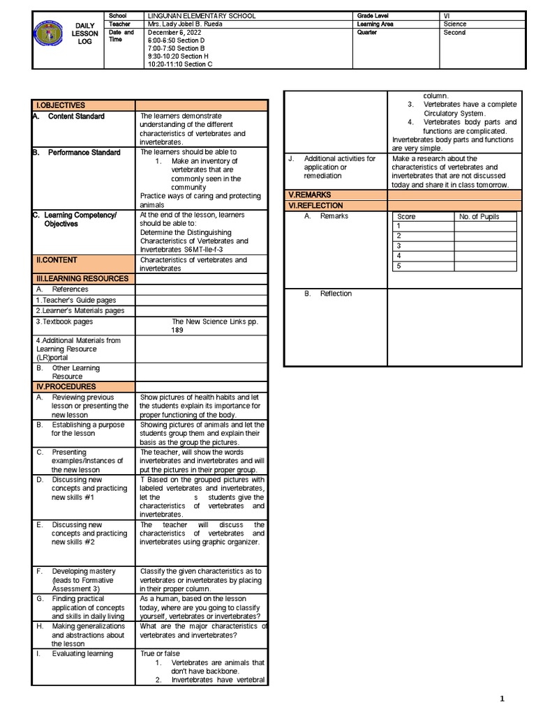 DLL Science Grade 6 | PDF | Learning | Invertebrate