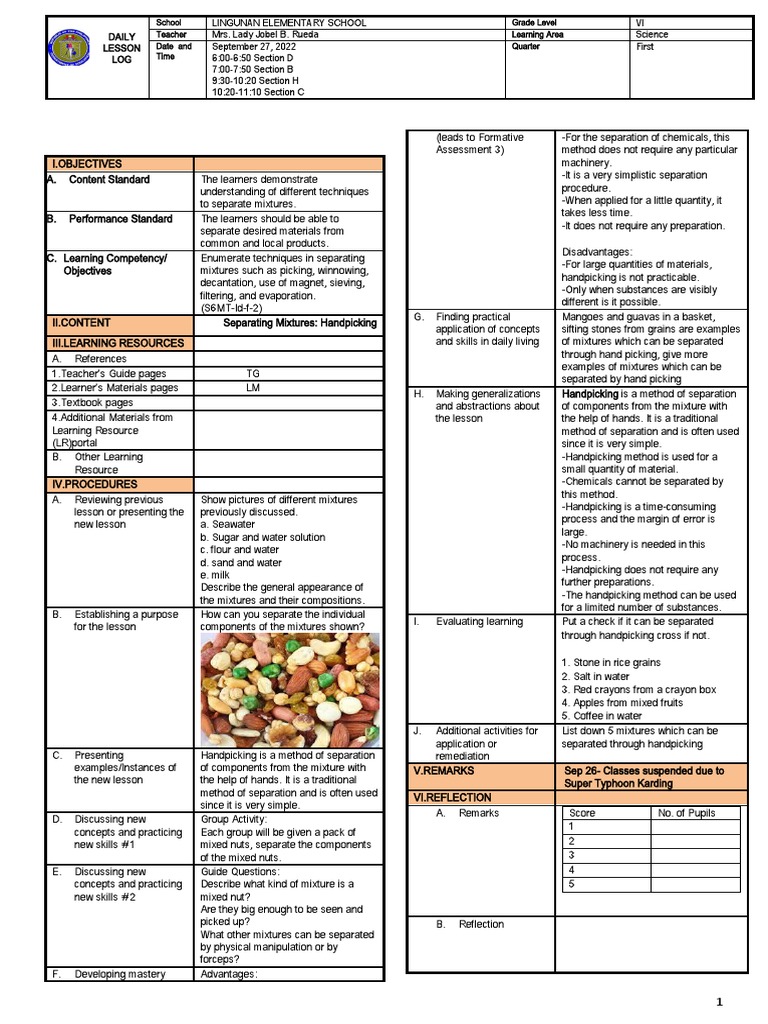 DLL Science Grade 6 | PDF | Mixture | Water