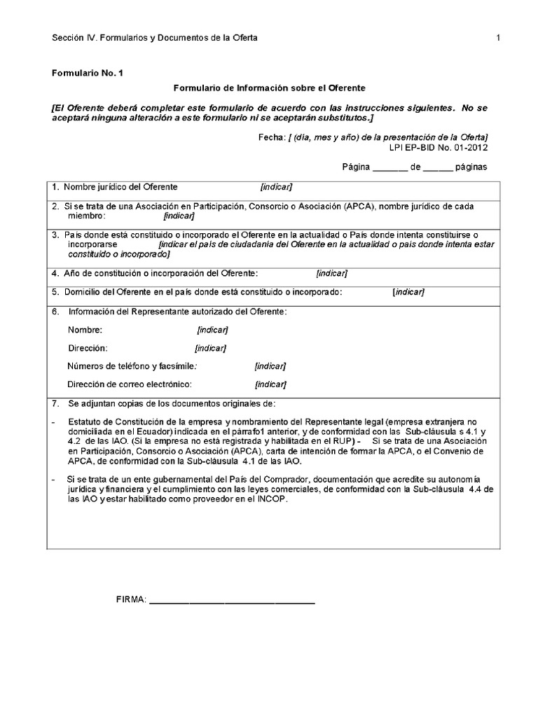 Sección IV. Formularios y Documentos de La Oferta 1 Formulario No. 1 | PDF