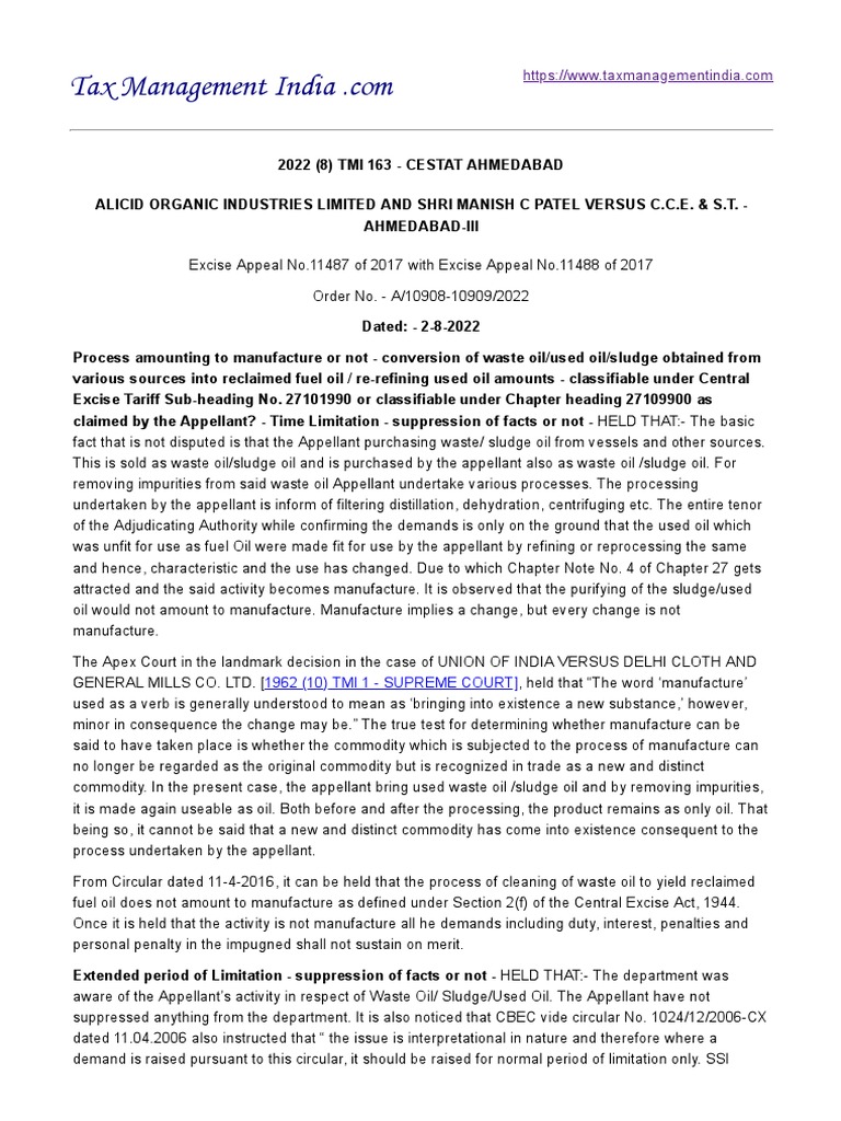 Alicid Organic Industries Limited and Shri Manish C Patel Versus C.C.E ...