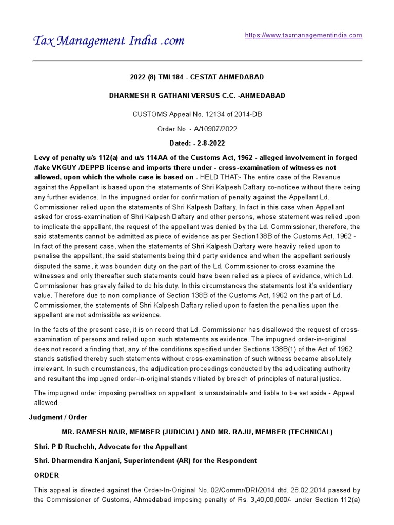 Dharmesh R Gathani Versus C.C. - Ahmedabad - 2022 (8) TMI 184 - CESTAT AHMEDABAD | PDF ...
