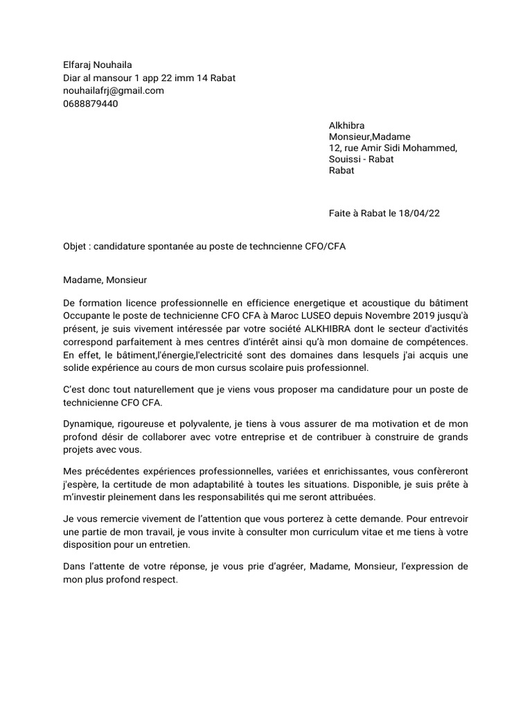 Candidature Technicienne CFO/CFA | PDF