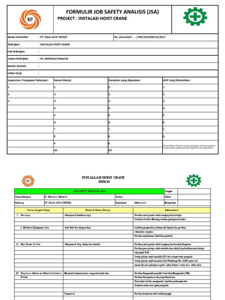 Formulir Job Safety Analisis (Jsa) : Project: Instalasi Hoist Crane | PDF