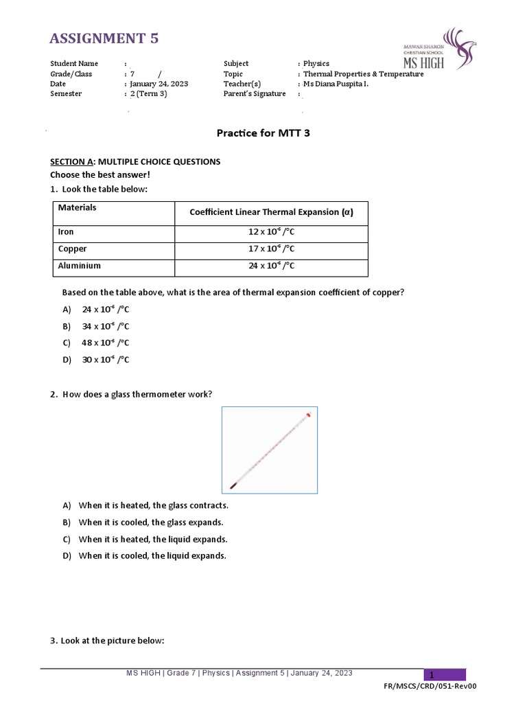 Chloe Kho - Assignment 5 - MTT Practice | PDF | Thermal Expansion ...