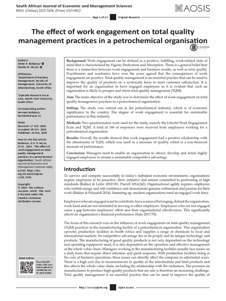The Effect of Work Engagement On Total Quality Man | Download Free PDF | Survey Methodology ...