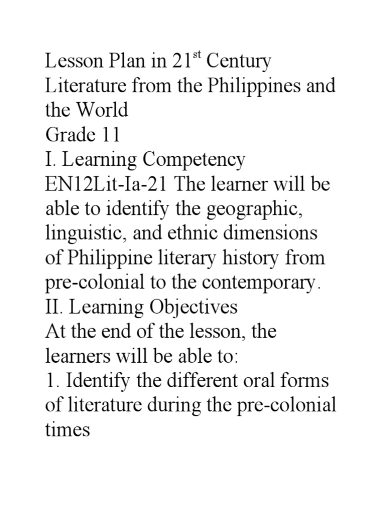 Lesson Plan in 21st Century Literature From The Philippines and The ...