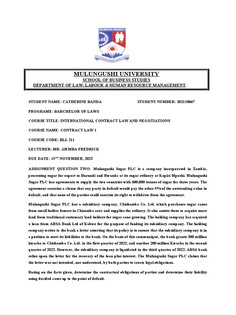 Contract Law 1 Assignment BLL 211 | PDF | Guarantee | Legal Concepts