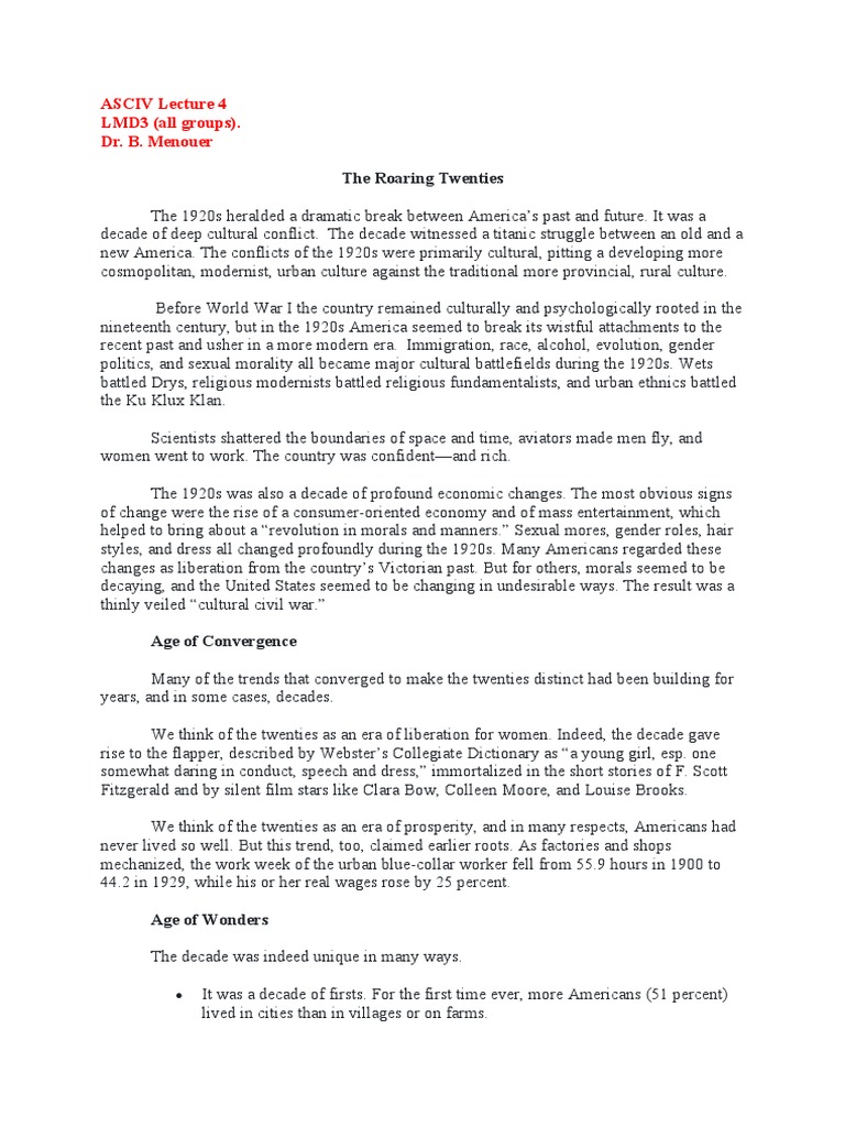 ASCC Lecture 4 The Roaring Twenties | PDF | Prohibition | United States ...