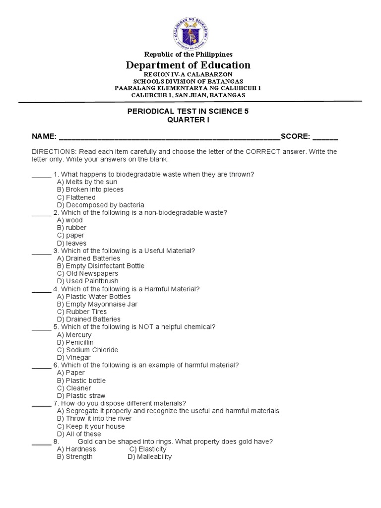 1st Periodical Test in Science | PDF | Waste | Landfill