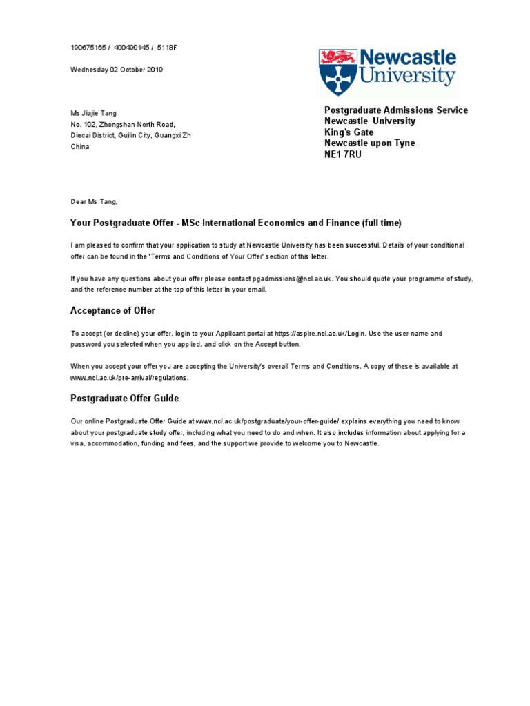 Postgraduate Admissions Service Newcastle University King's Gate Newcastle Upon Tyne Ne1 7ru ...