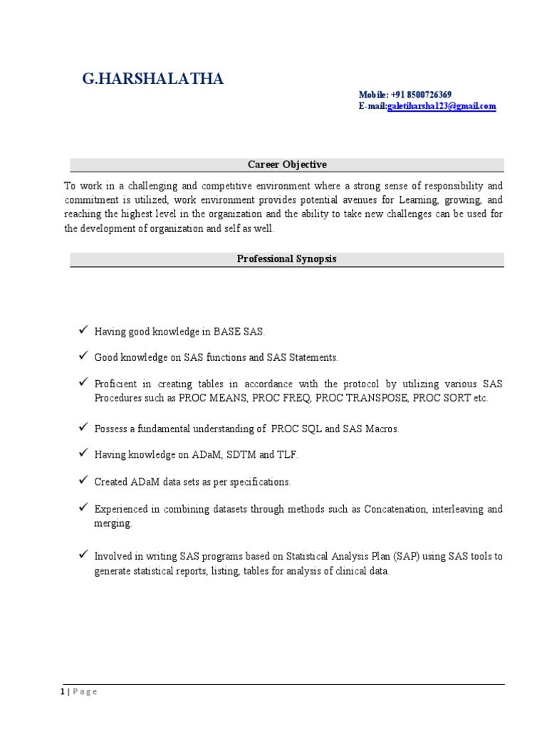 A Career in Clinical Research: Resume and Profile of G. Harshalatha Seeking Opportunities in SAS ...
