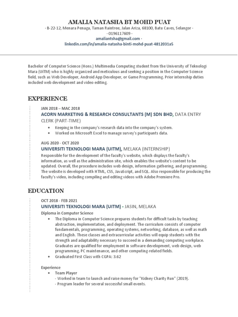 Amalia Natasha BT Mohd Puat - Resume | PDF | Multimedia | World Wide Web