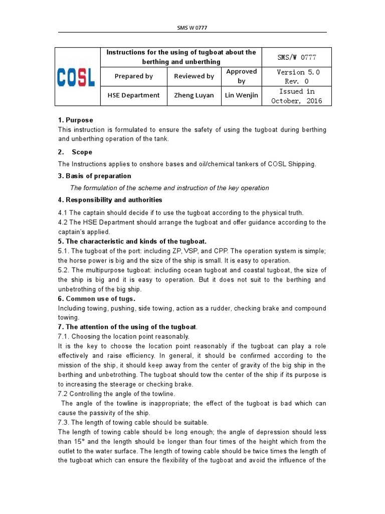 SMS W 0777 Instructions For The Using of Tugboat About The Berthing and Unberthing | PDF ...