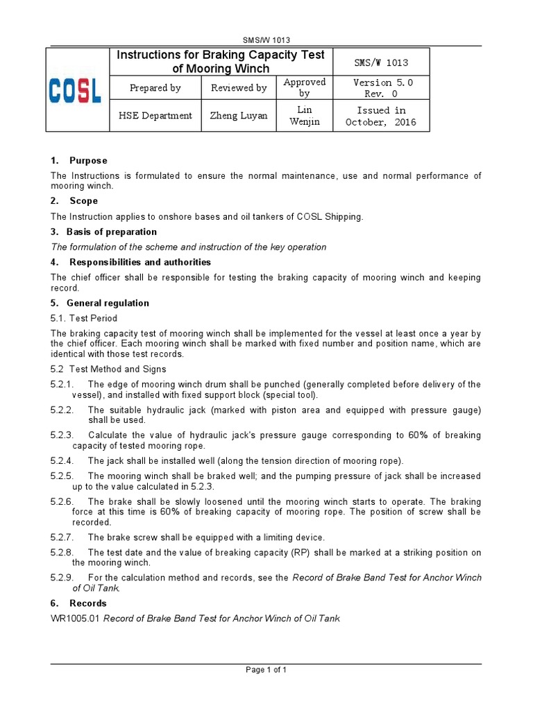 SMS W 1013 Instructions For Braking Capacity Test of Mooring Winch ...