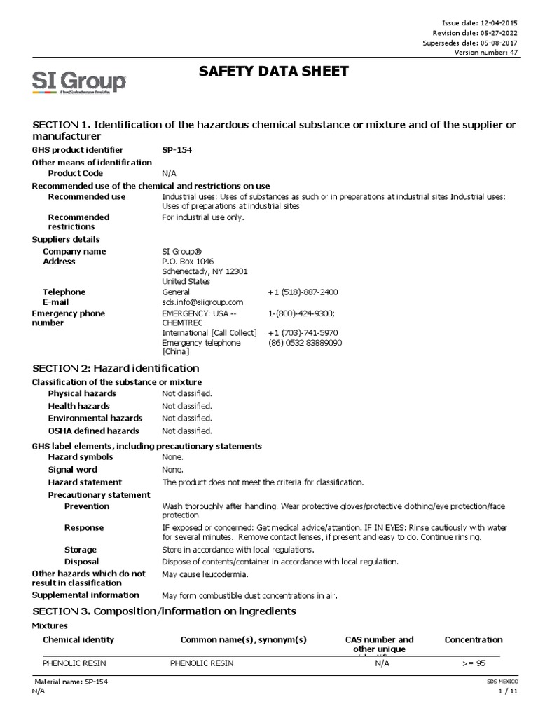 SafetyDataSheetSDS SP154 EnglishUnitedStates 05272022 | PDF ...