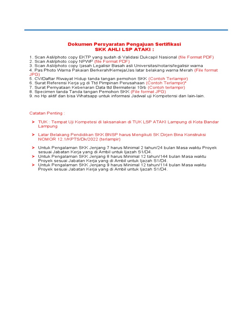 Persyaratan Sertifikasi SKK LSP ATAKI | PDF