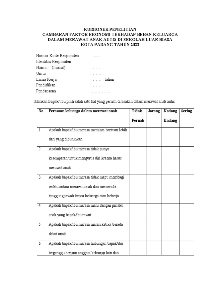 Kuisioner Penelitian Autis | PDF