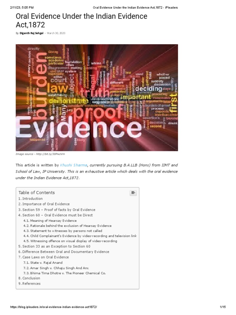 Oral Evidence Under The Indian Evidence Act, 1872 - IPleaders | PDF ...