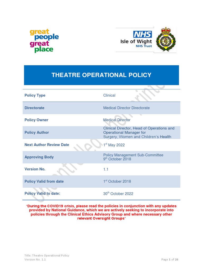 Theatre Operational Policy Overview | PDF | Surgery | Patient