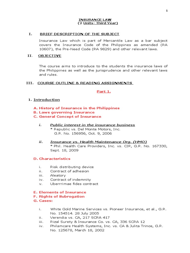 Syllabus in Insurance | PDF | Contract Law | Civil Law (Legal System)