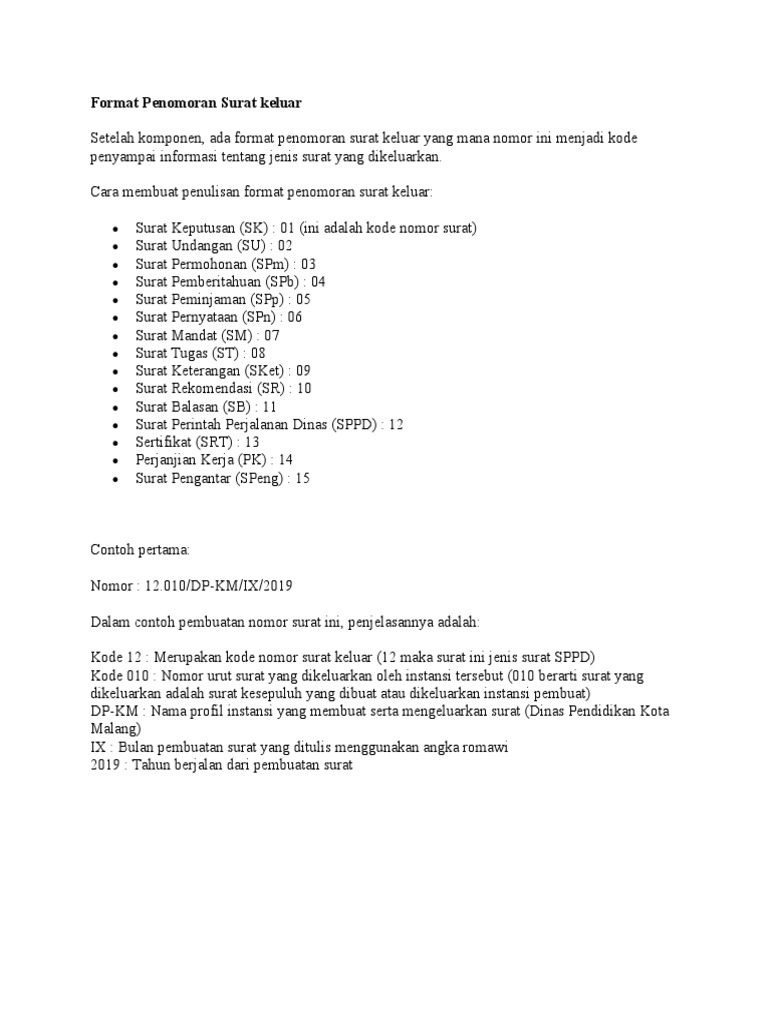 Format dan Contoh Penomoran Surat Keluar | PDF
