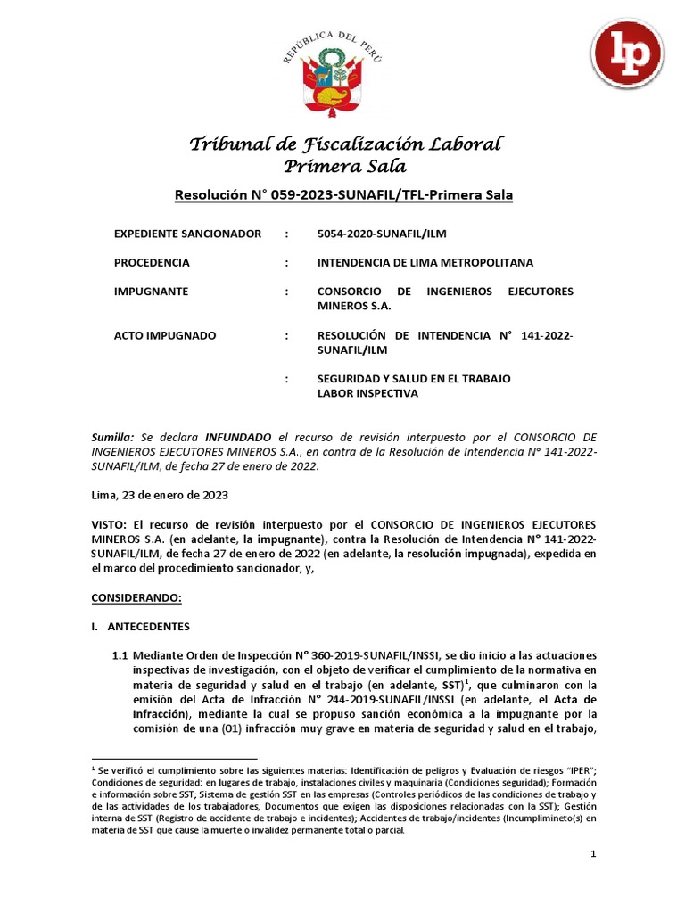 Resolucion 059 2023 Sunafil TFL Primera Sala LPDerecho | PDF | Etica Aplicada | Justicia