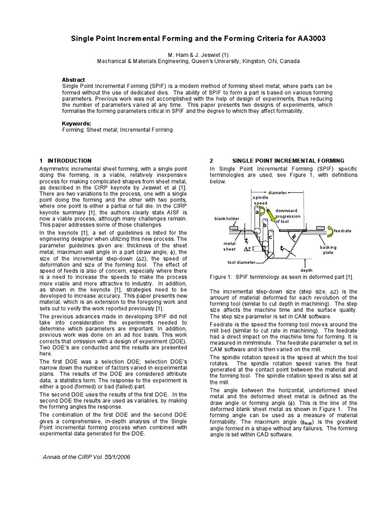 Single Point Incremental Forming and The Forming Criteria For AA3003 | PDF | Fracture | Sheet Metal