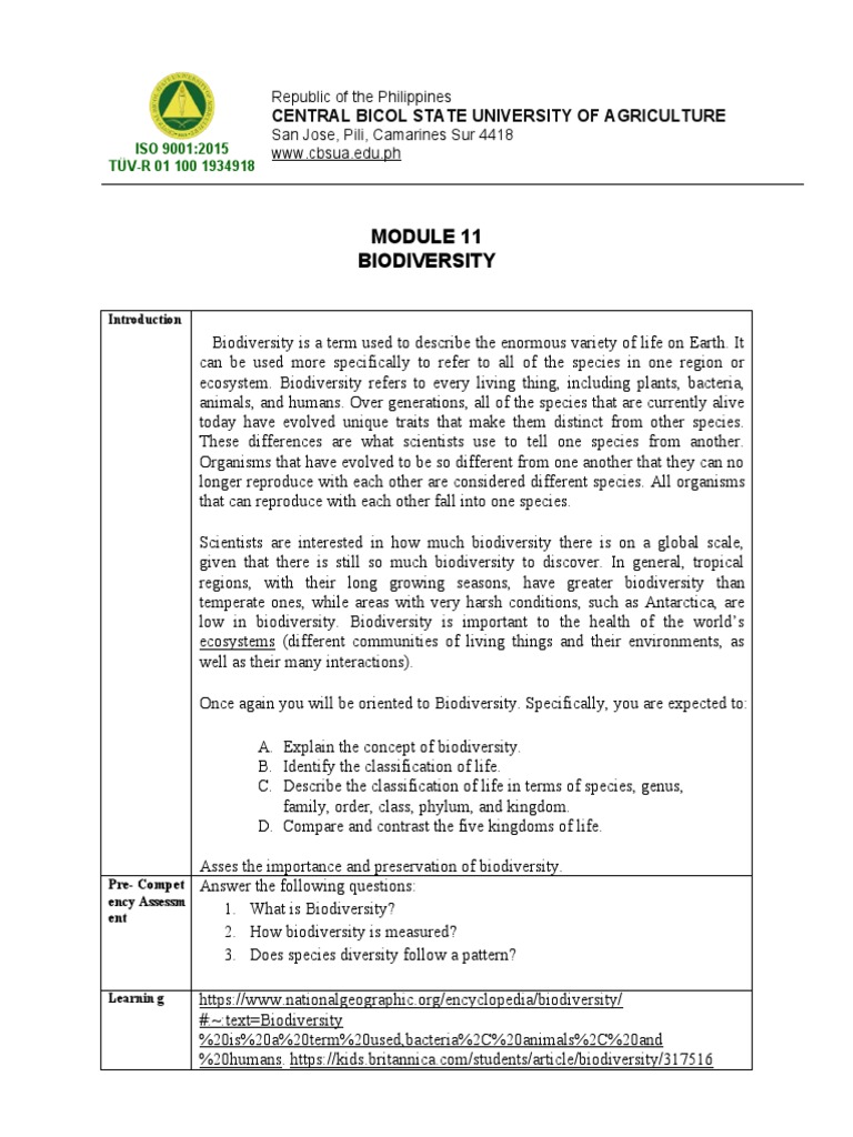 Biodiversity Module | PDF | Biodiversity | Life
