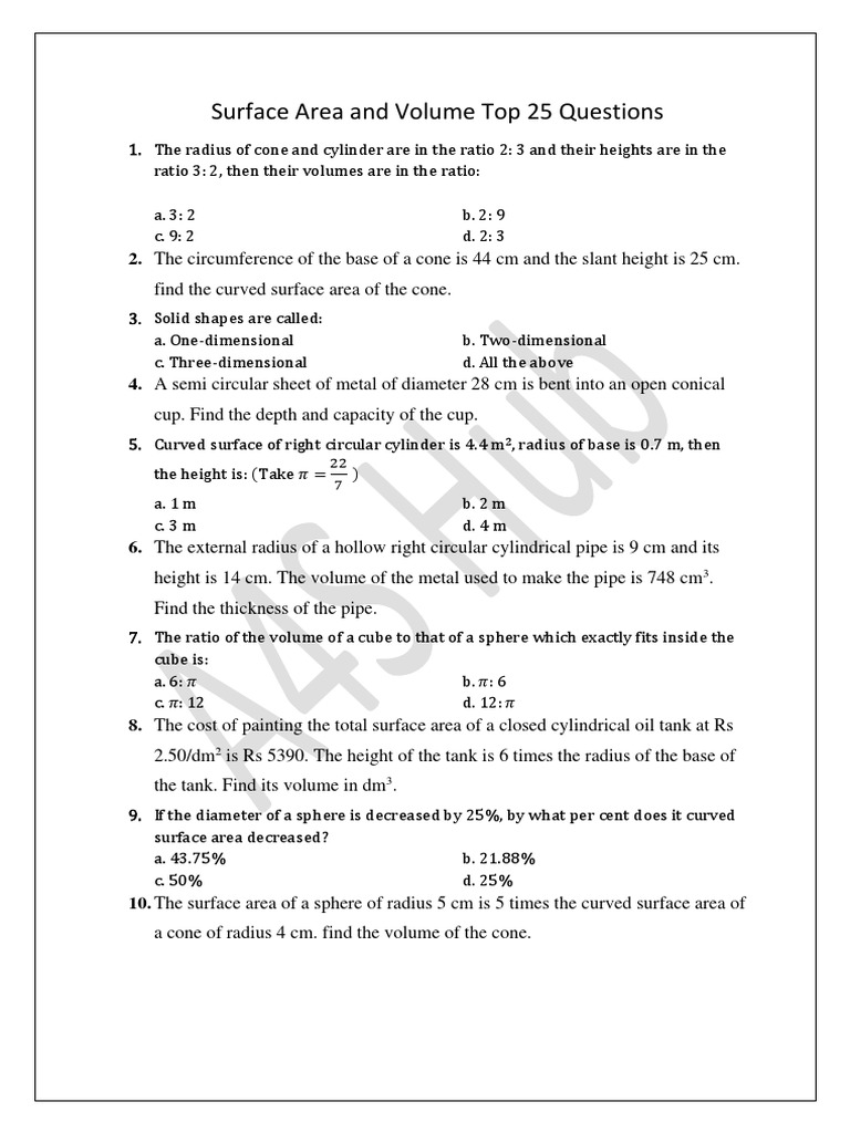 13.surface Area and Volume Top 25 Questions Done | Download Free PDF ...