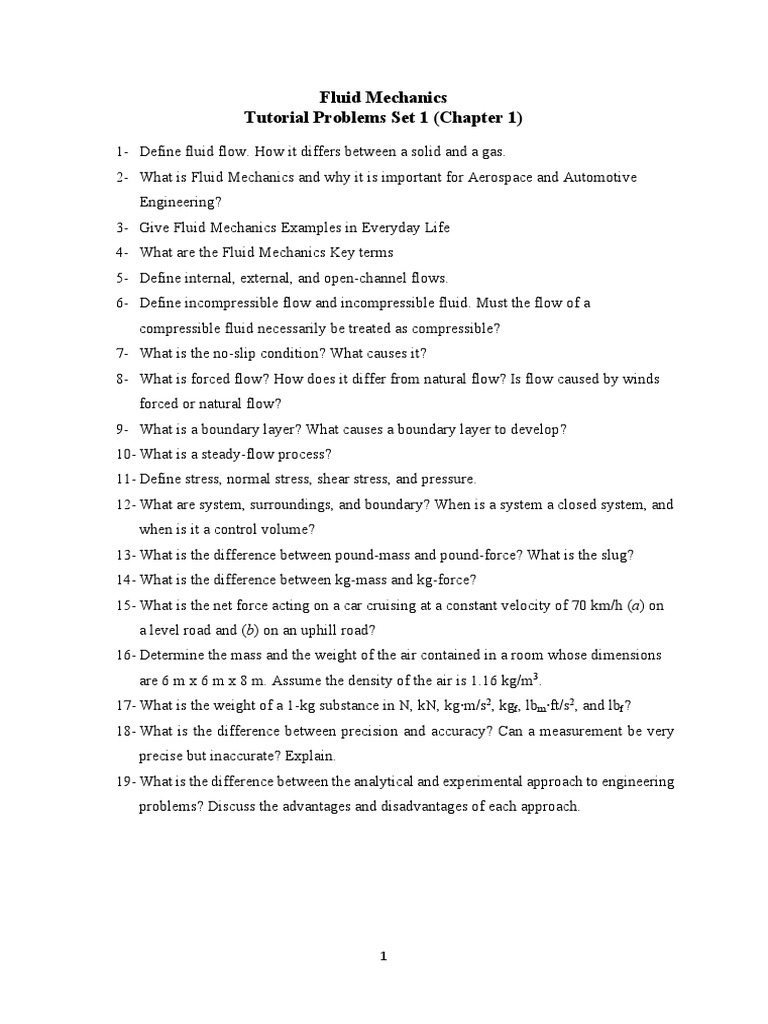 Fluid Mecahnics-Tutorial Sheet 1 Chapter 1 | PDF | Fluid Mechanics | Fluid Dynamics
