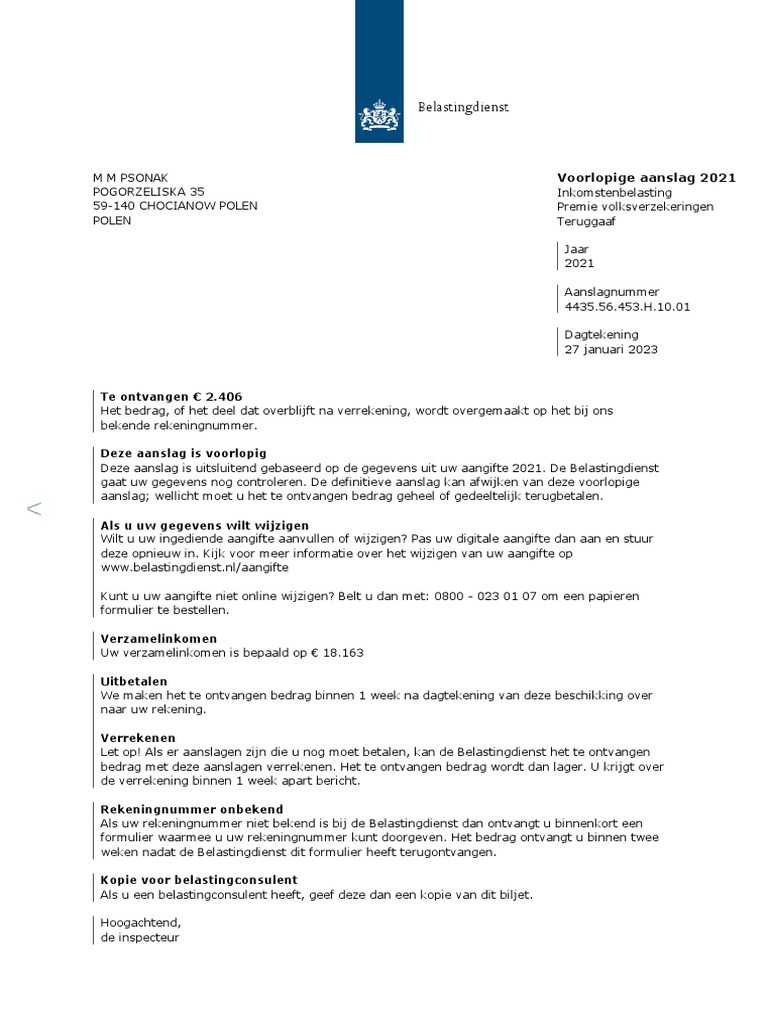 Voorlopige Aanslag Inkomstenbelasting 2021 16-01-2023 00.00u | PDF