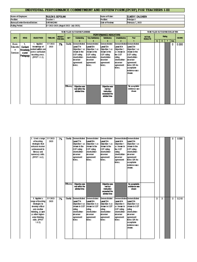 IPCRF Template 2022-2023 for Teachers | PDF | Goal | Educational Assessment