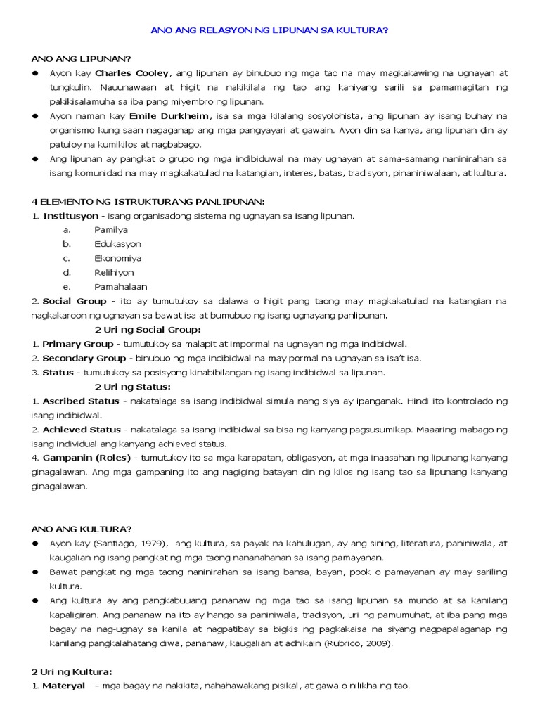 Ano Ang Relasyon NG Lipunan Sa Kultura | PDF