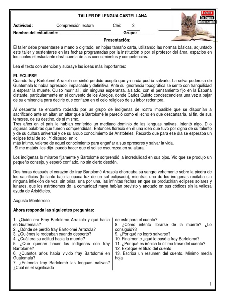 Comprensión lectora sobre el cuento 'El eclipse' de Augusto Monterroso ...
