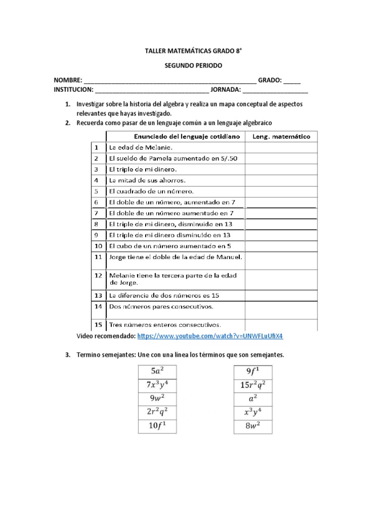 Taller Matemáticas Grado 8° | PDF