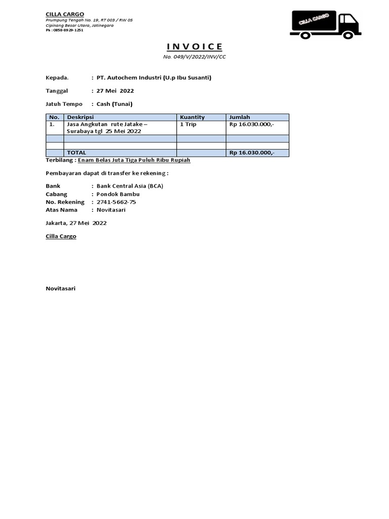 Invoice Jasa Angkutan Cilla Cargo | PDF | Pengelolaan Keuangan & Uang