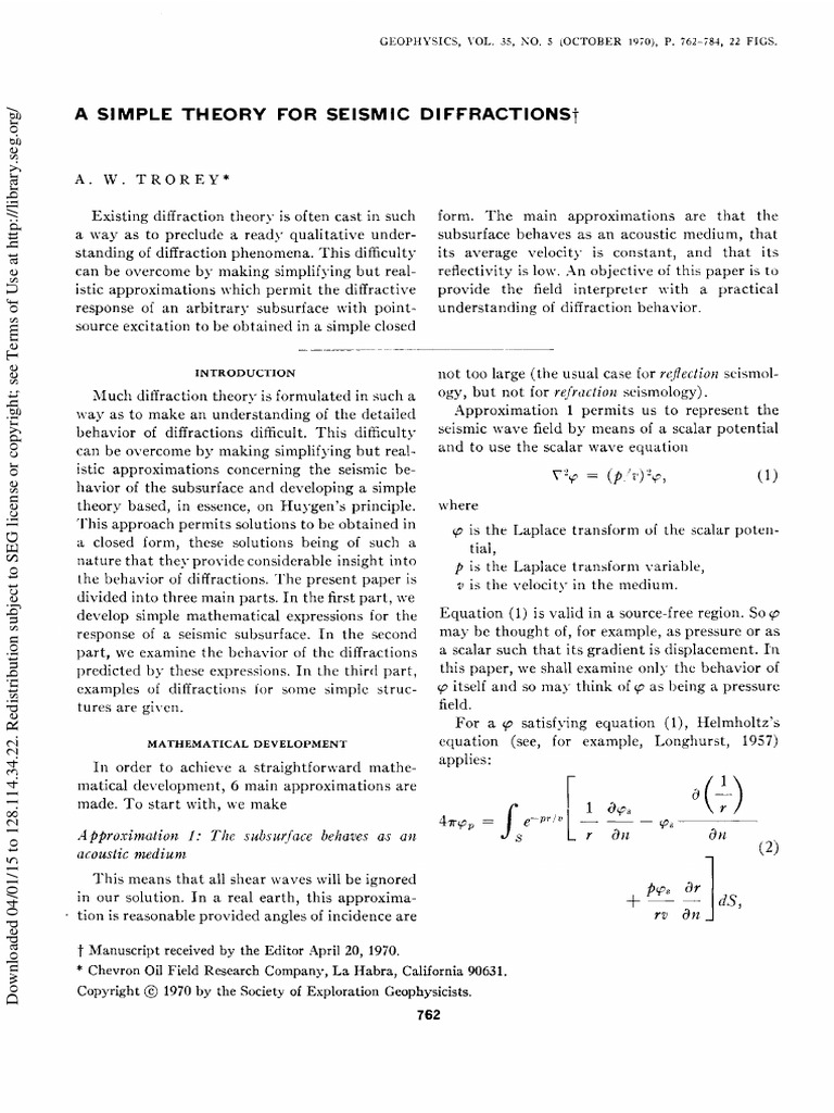 A Simple Theory For Seismic Diffractions Trorey 1970 Pdf Diffraction Equations