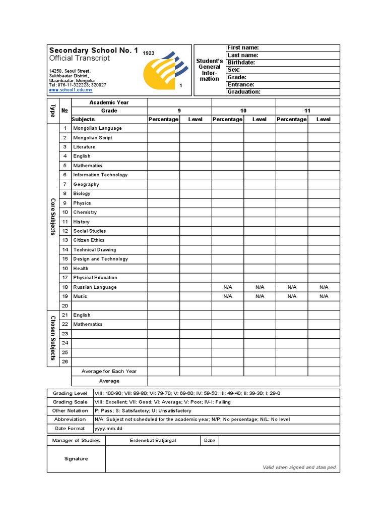Official Transcript: Secondary School No. 1 | PDF