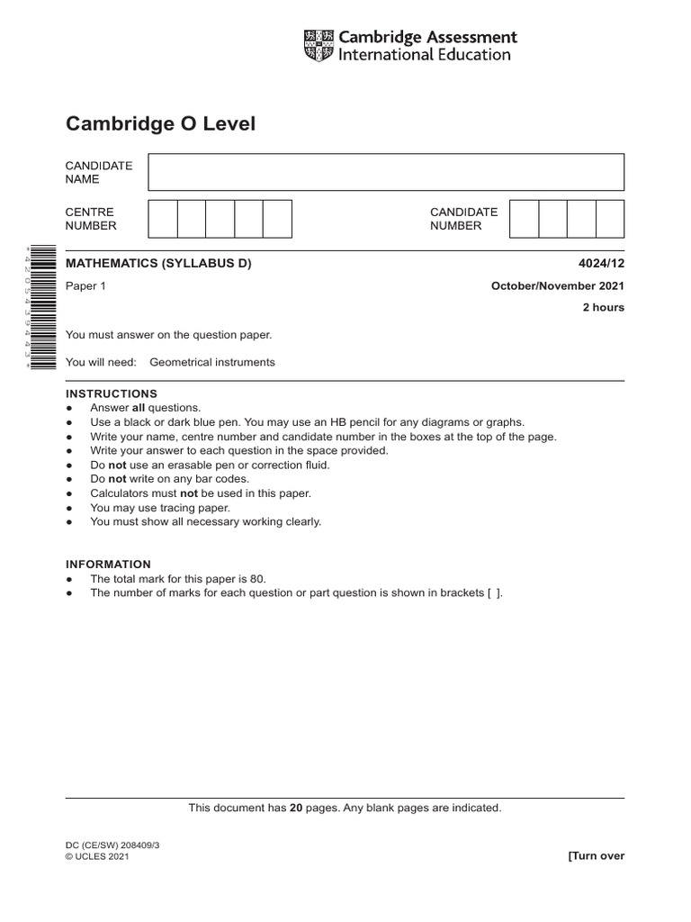 Cambridge O Level: Mathematics (Syllabus D) 4024/12 | PDF | Mathematics ...