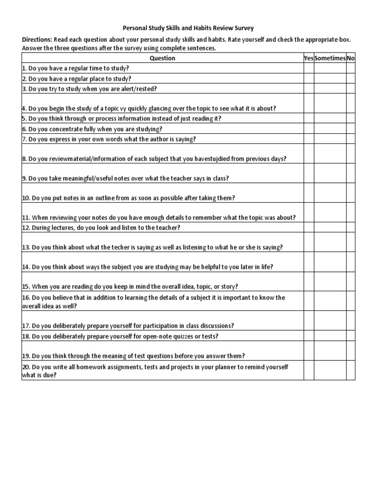 Assessing Personal Study Habits: A Self-Reflection Survey | PDF