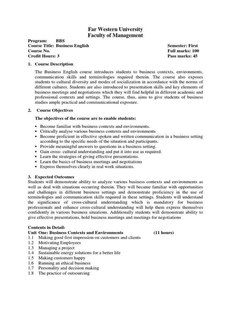 BBS Business English Course Overview | PDF | Negotiation | Cross ...