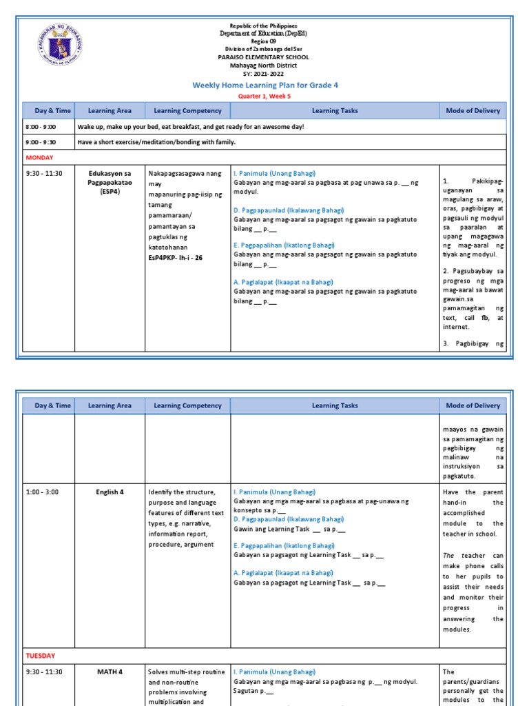 Grade 4 - All Subjects - WHLP - Q1 - W5 | PDF