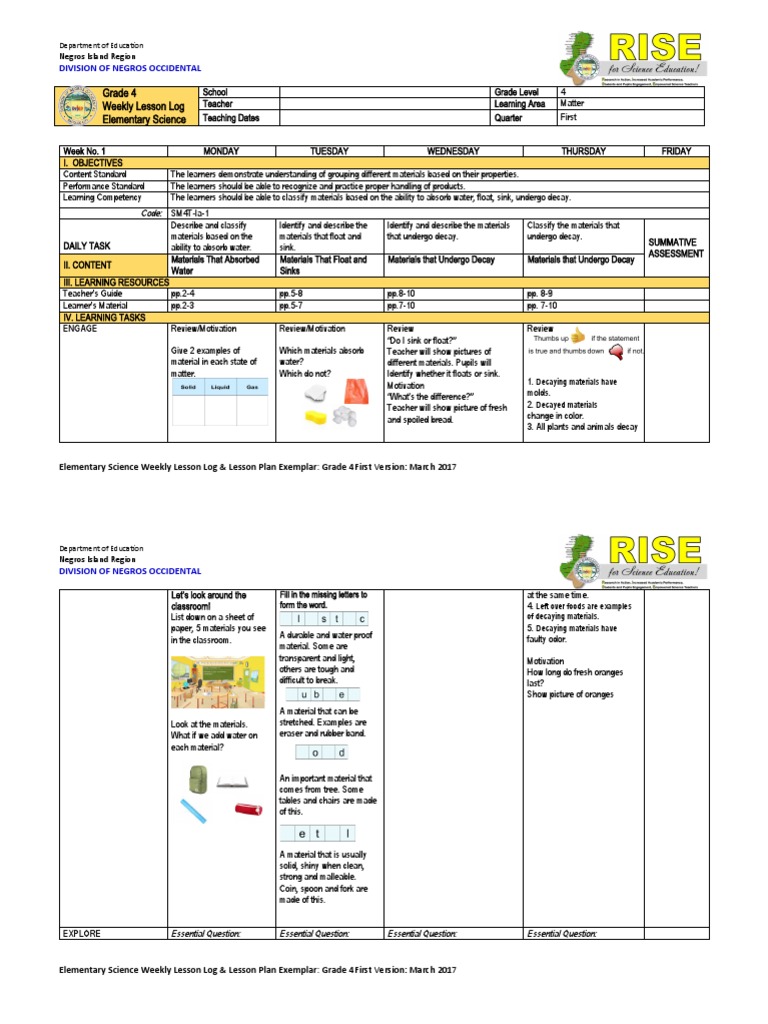 Grade 4 Science Quarter 1 Week 1 | PDF | Teachers | Learning